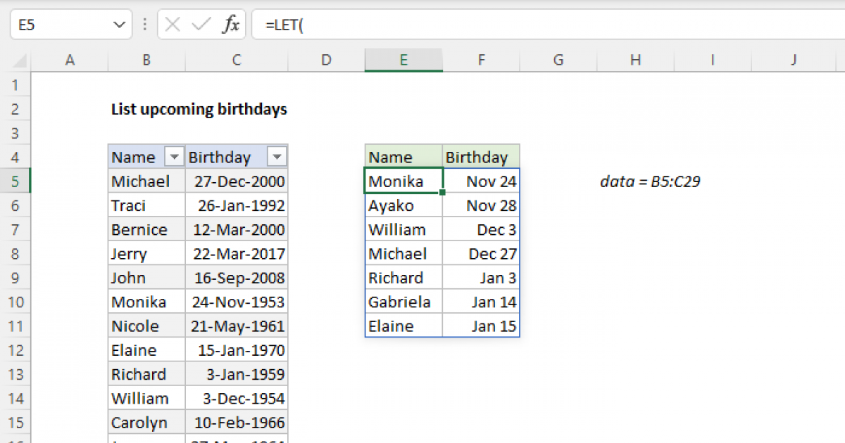 List upcoming birthdays - Excel formula | Exceljet